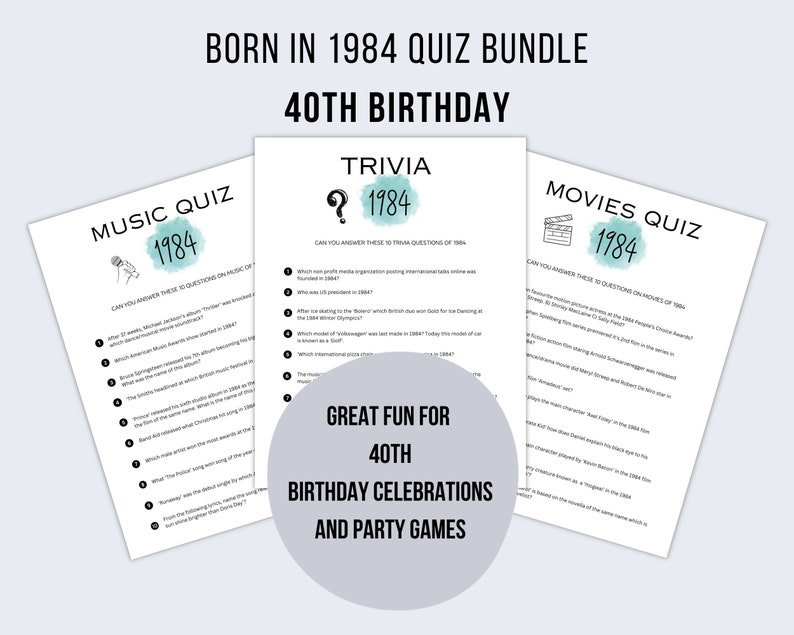 40th Birthday Quiz Bundle | 40th Birthday Party | Born in 1984 Trivia ...