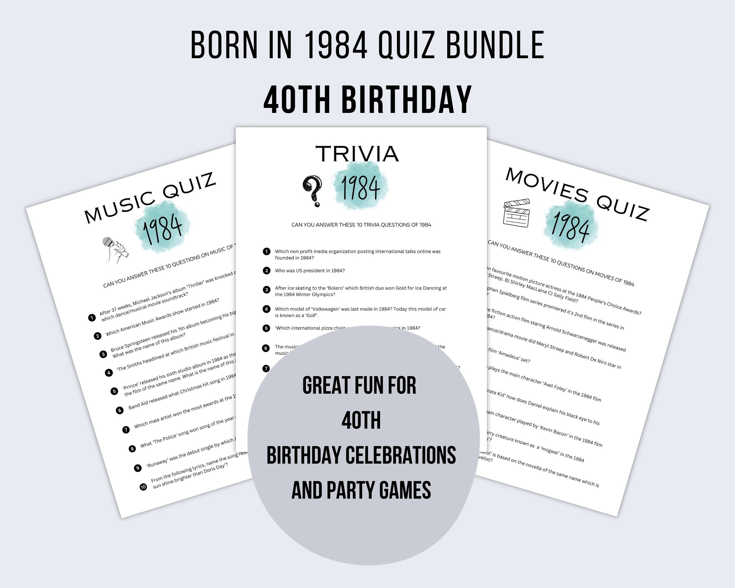 40th Birthday Quiz Bundle | 40th Birthday Party | Born in 1984 Trivia ...