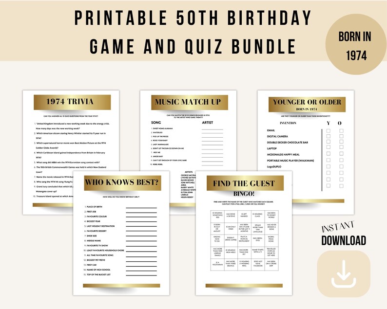 50th Birthday Printable Game Bundle | Instant Download Printable Quiz | Born in 1974 | 50th ...