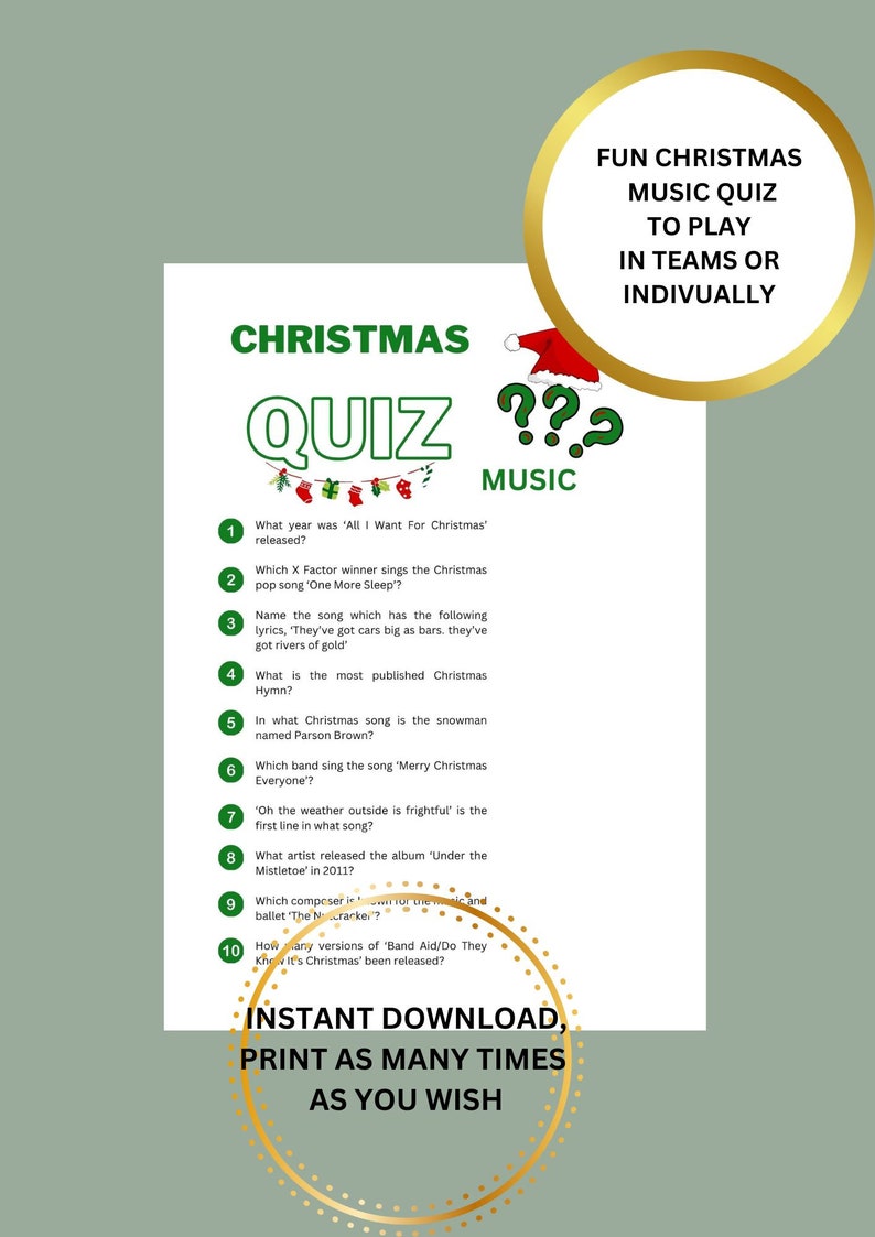 Christmas Music Quiz | Printable Quiz | Christmas Music | Family Quiz ...