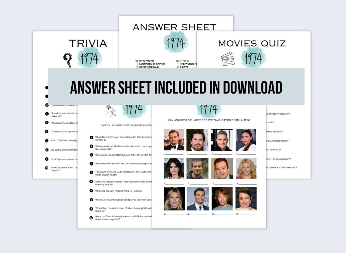 Born in 1974 Printable Quiz Bundle | 50th Birthday Printable Game ...