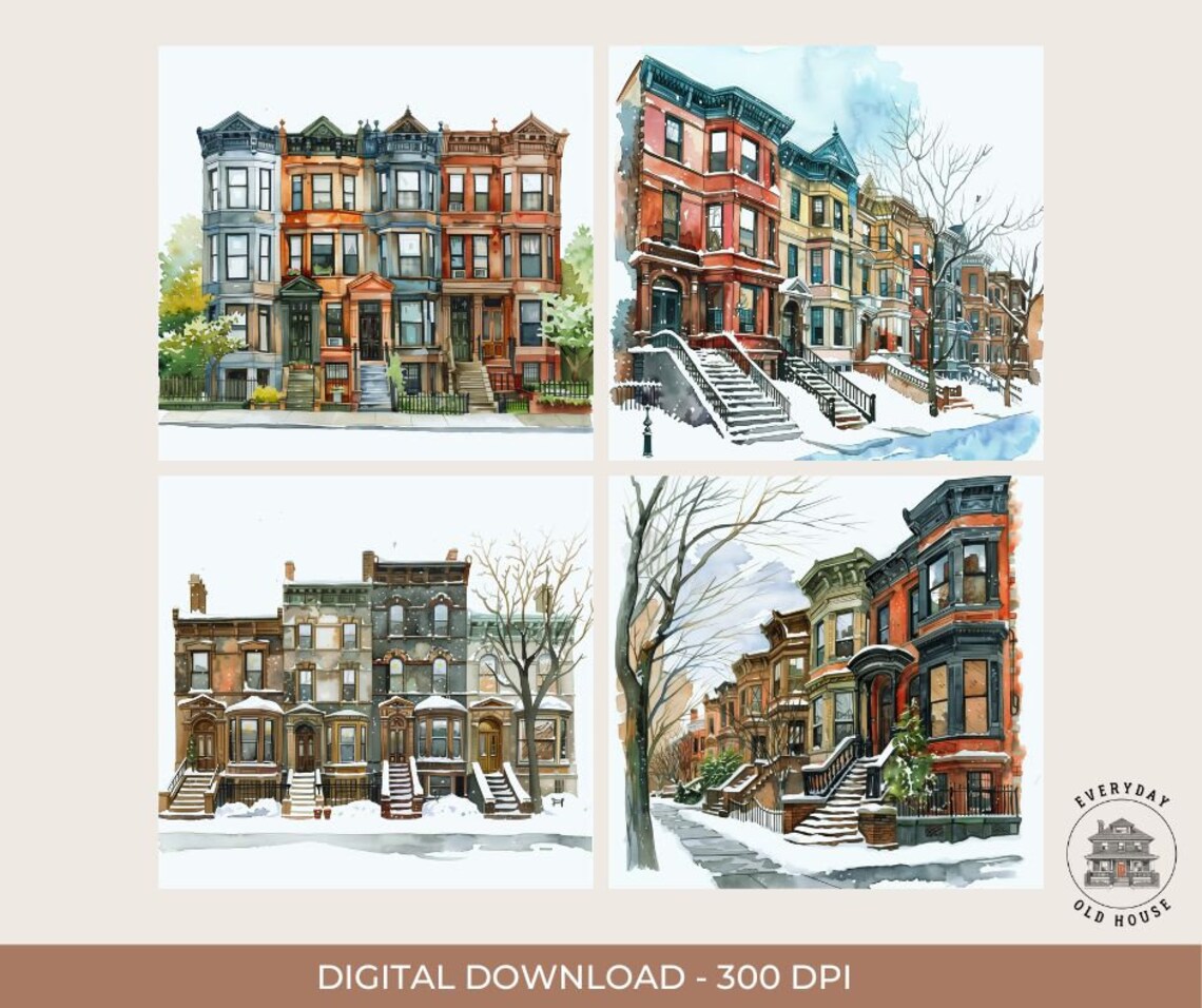 Watercolor Brownstone Houses Clipart: Urban Home PNG (digital Download ...
