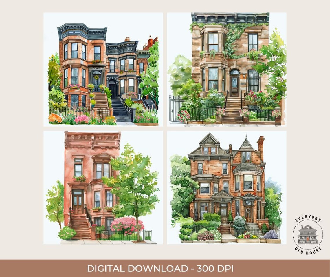 Watercolor Brownstone Houses Clipart: Urban Home PNG (digital Download ...