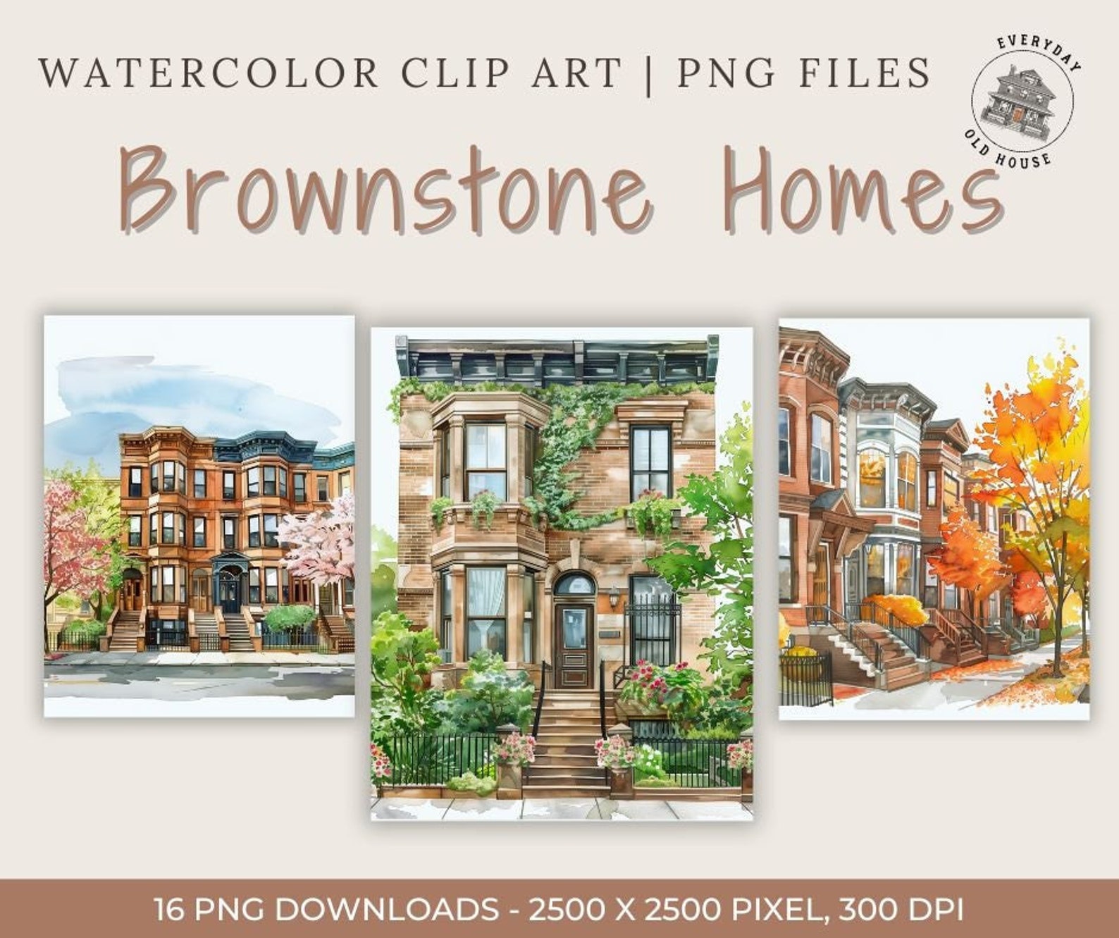 Watercolor Brownstone Houses Clipart: Urban Home PNG (digital Download ...