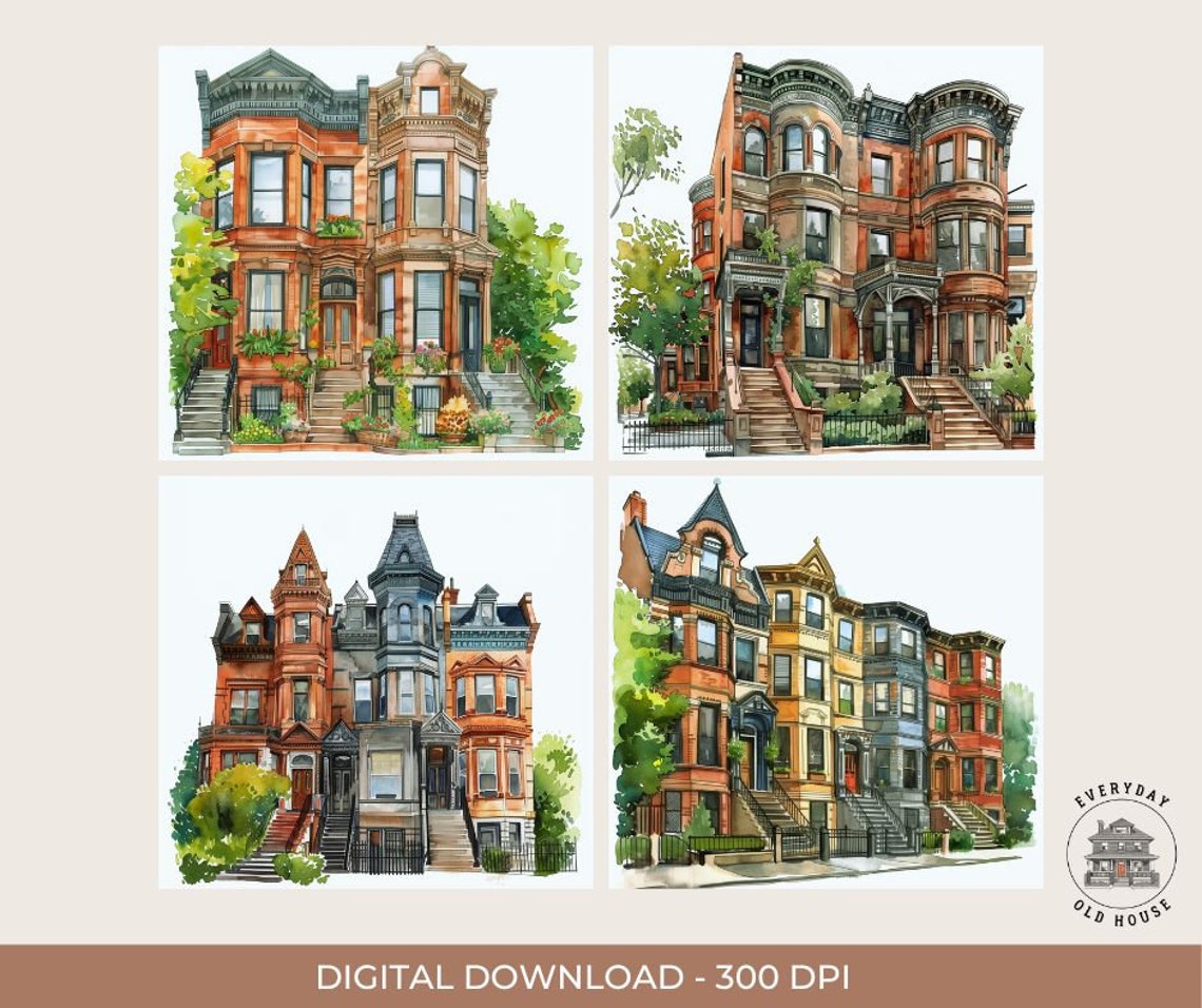 Watercolor Brownstone Houses Clipart: Urban Home PNG (digital Download ...