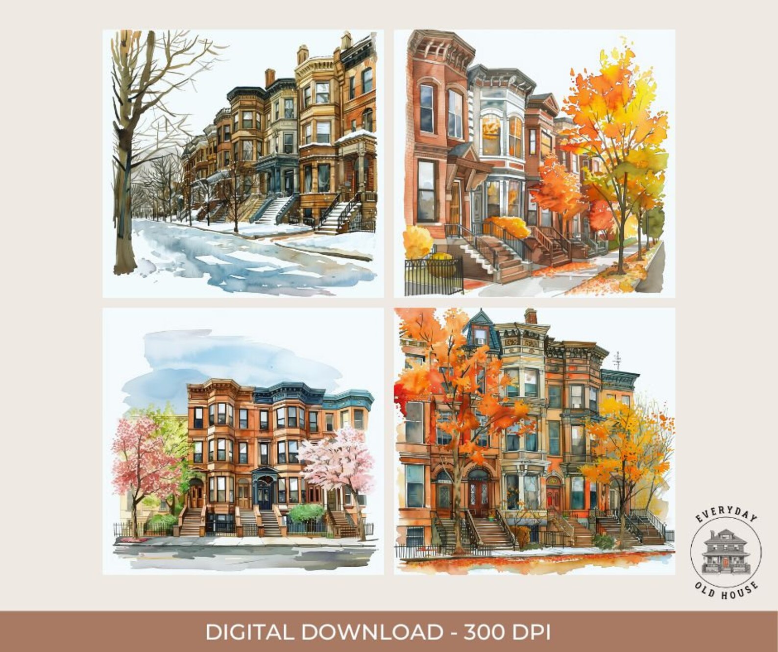 Watercolor Brownstone Houses Clipart: Urban Home PNG (digital Download ...