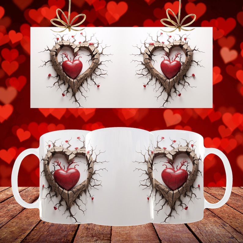 3D Wood Heart Mug Wrapper, 11oz and 15oz Mug Template, Valentine's Day ...