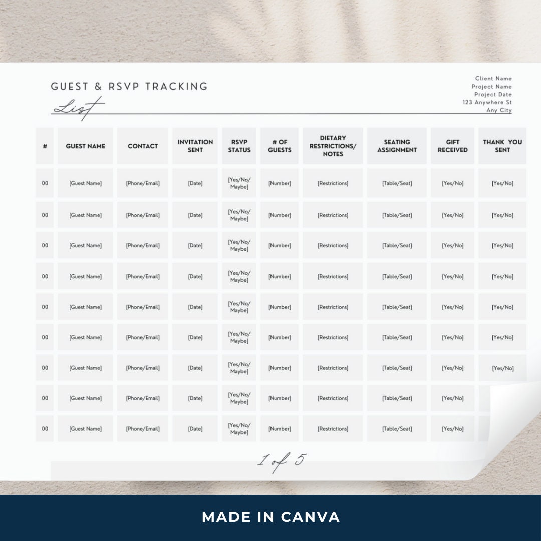 Event Planner Guest & RSVP Tracking List Template | Wedding Planner ...