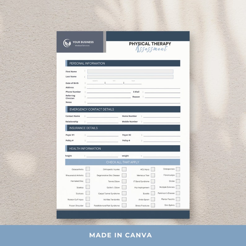 Physical Therapy Assessment Canva Template - Etsy