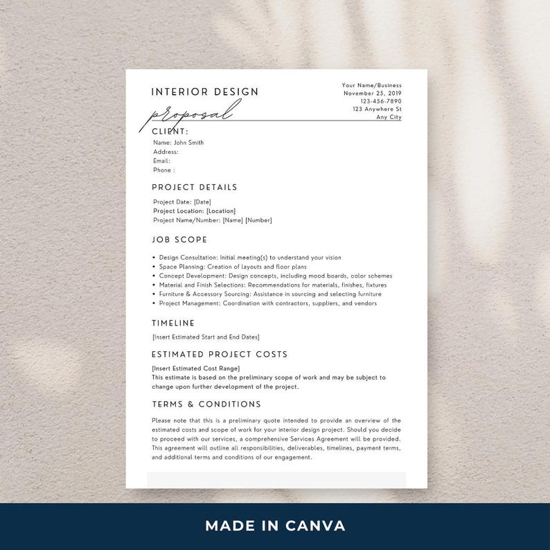 Interior Design Proposal Template: Minimalist Job Quote (canva, Digital ...