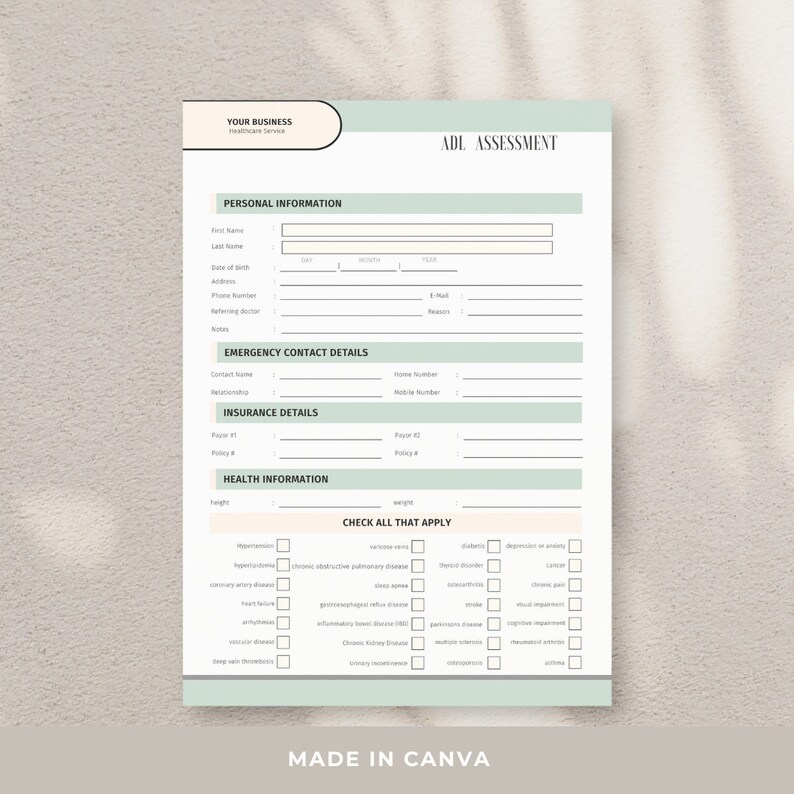 ADL Assessment Canva Template - Etsy