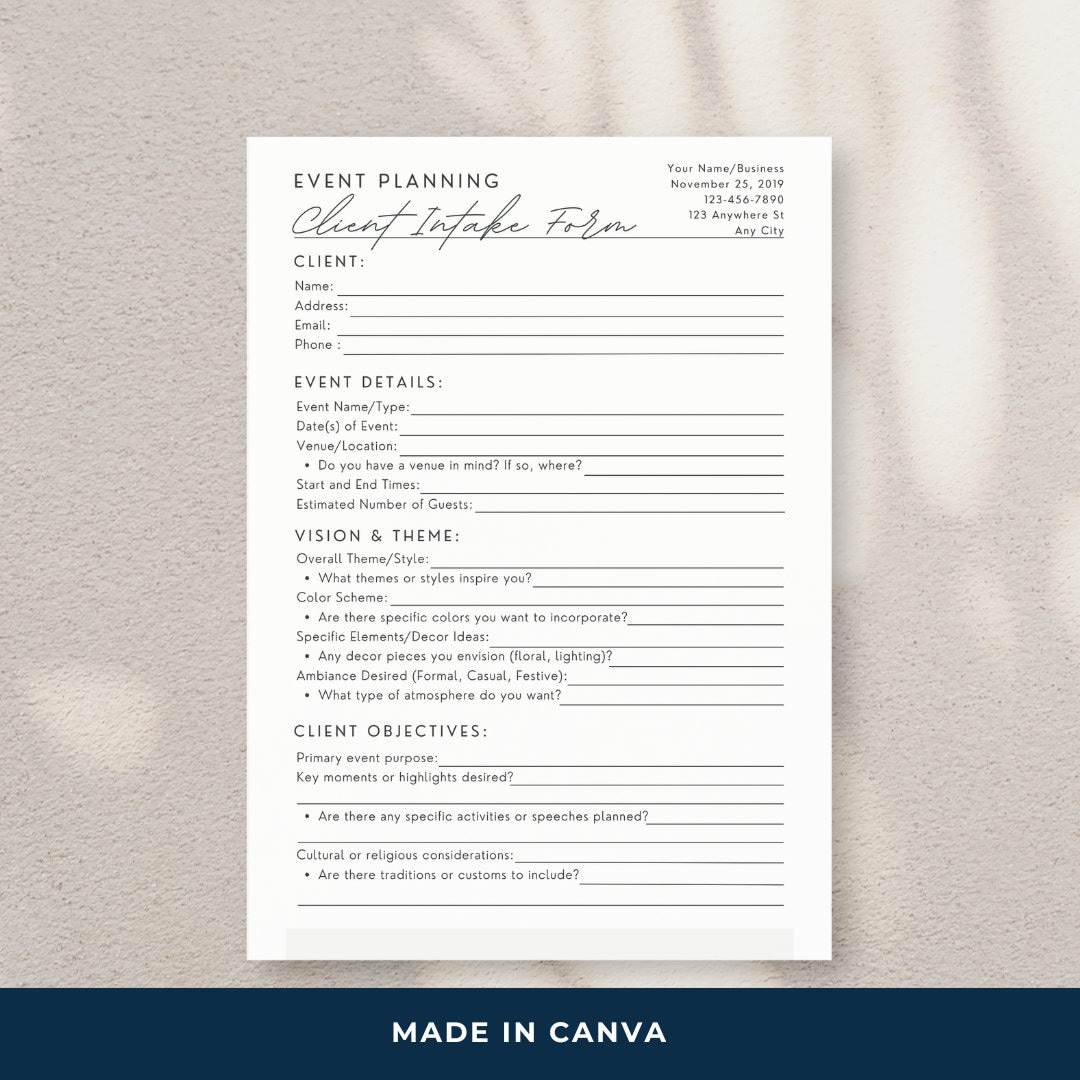 Event Planner Client Intake Form | Canva Template | Editable | Event ...