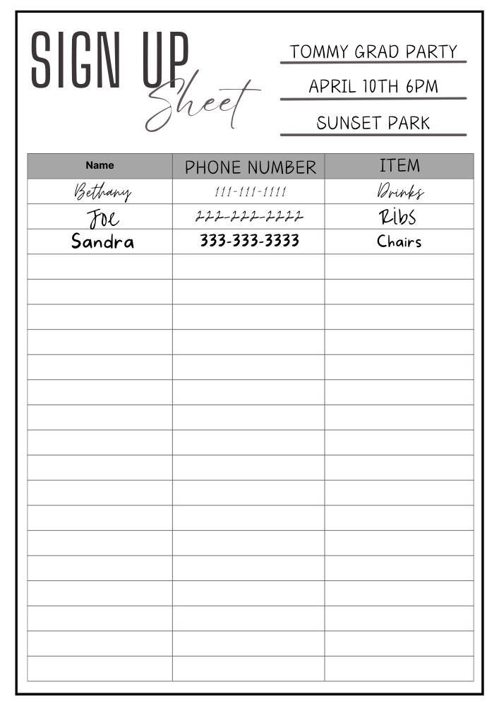 Sign up Sheet- Black and White - Etsy