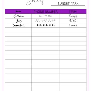 Sign up Sheet Purple - Etsy
