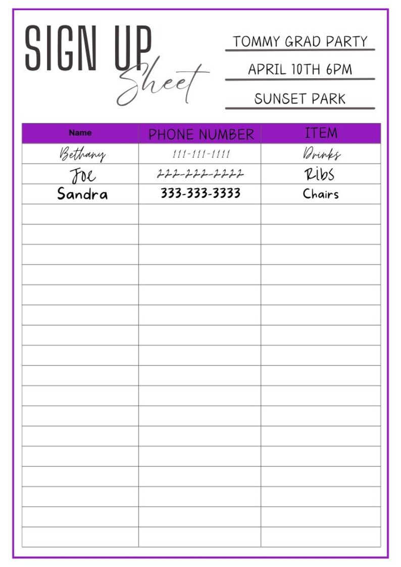 Sign up Sheet Purple - Etsy
