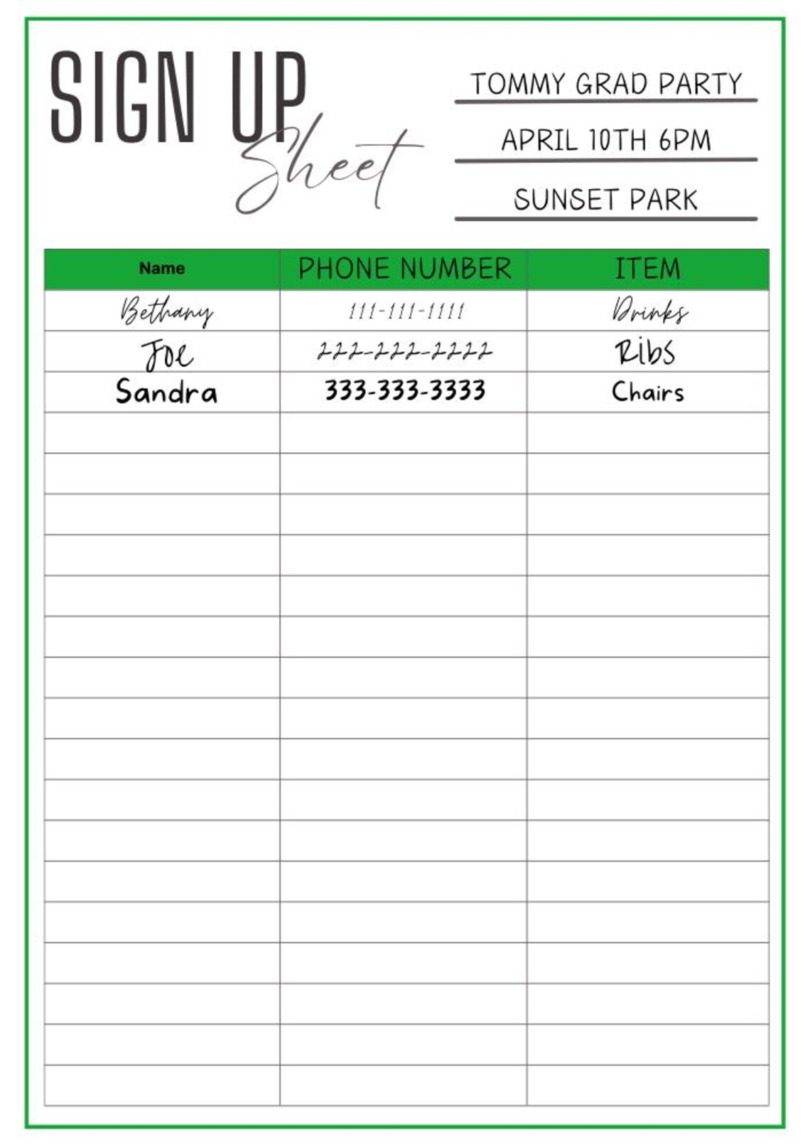 Sign up Sheet- Green - Etsy