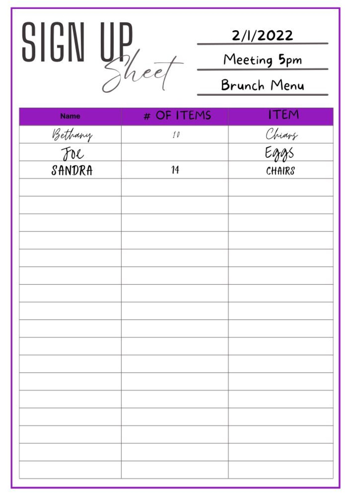 Sign up Sheet Purple - Etsy