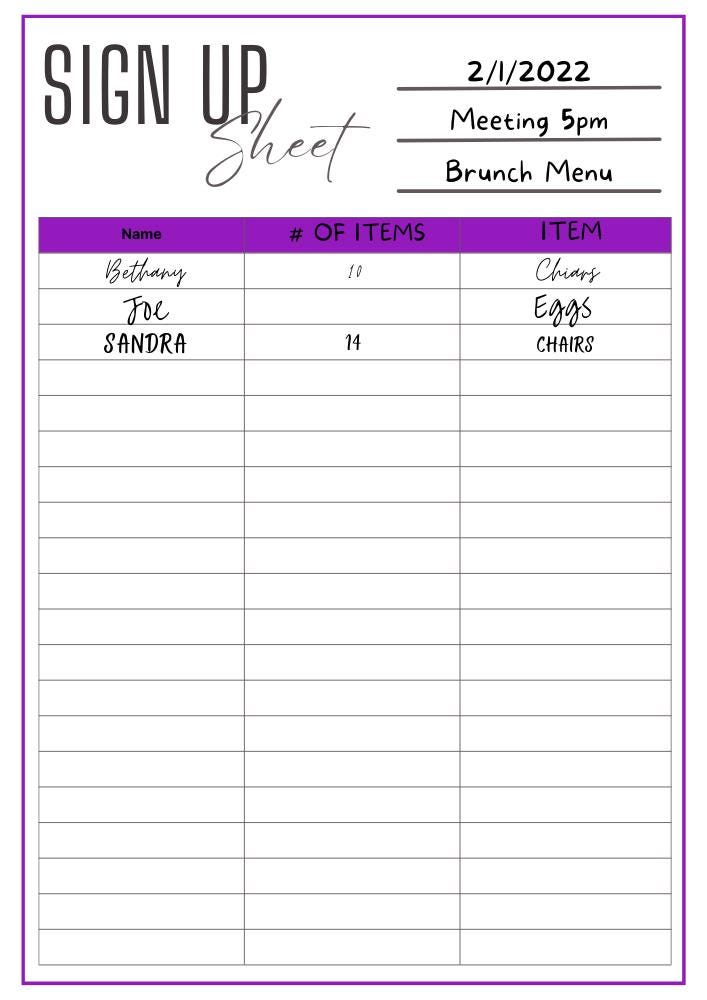 Sign up Sheet Purple - Etsy