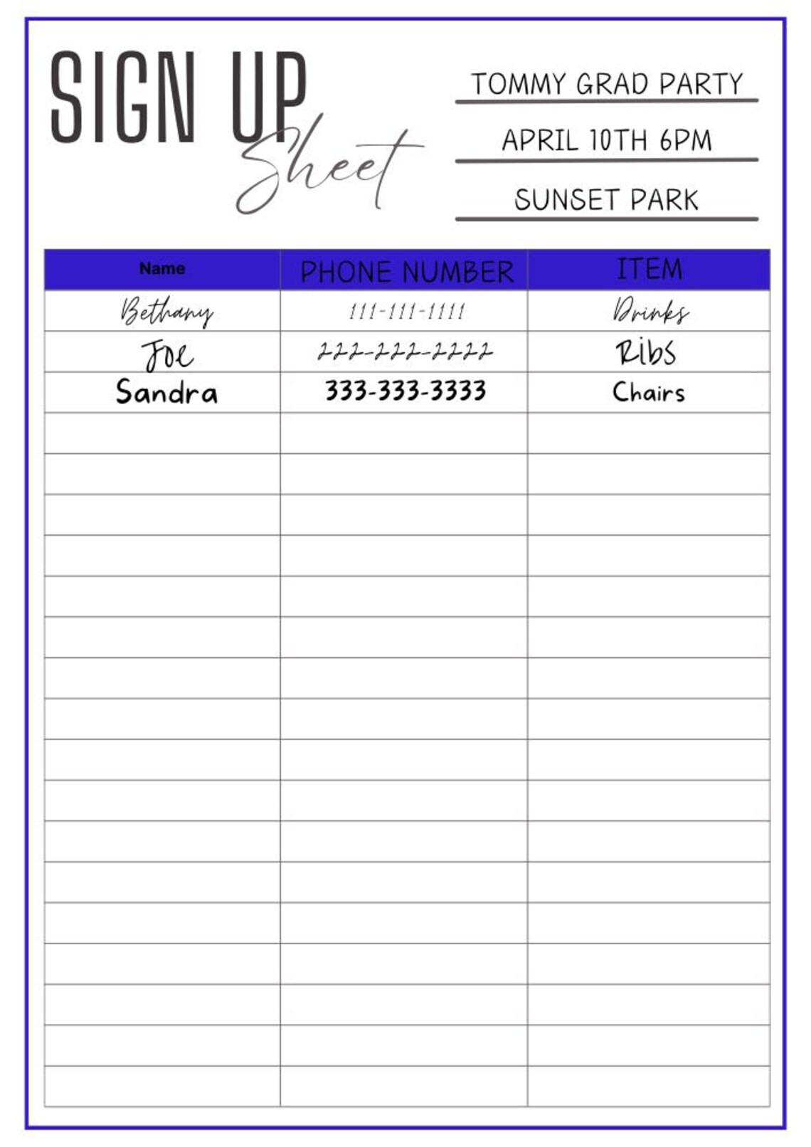 Sign up Sheet- Blue - Etsy