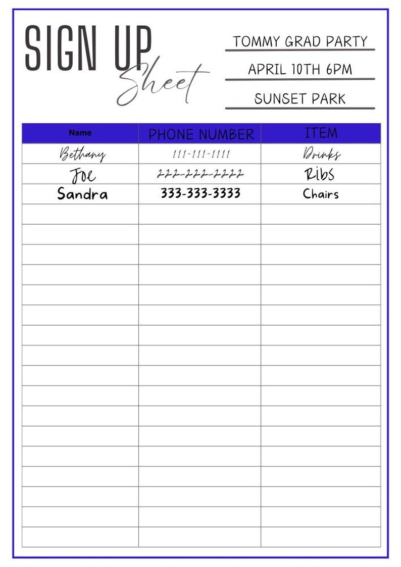 Sign up Sheet- Blue - Etsy