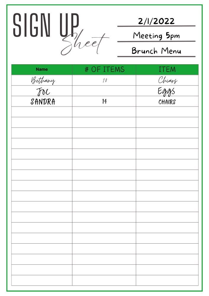Sign up Sheet- Green - Etsy