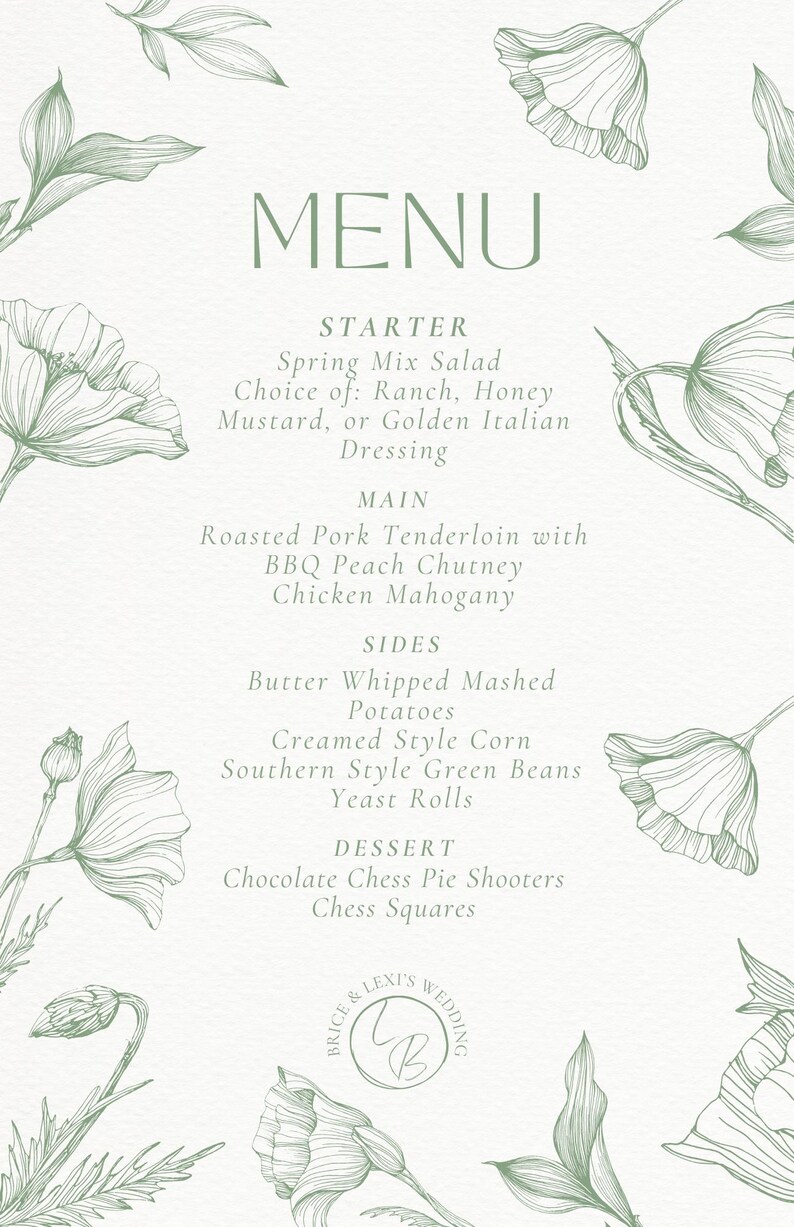 Green and White Floral Wedding Menu for Food- Digital File Download - Etsy