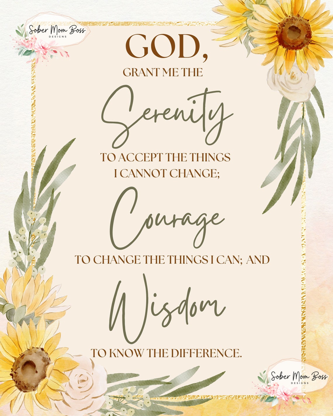Watercolor Sunflower Serenity Prayer, Recovering Alcoholic, Sobriety ...