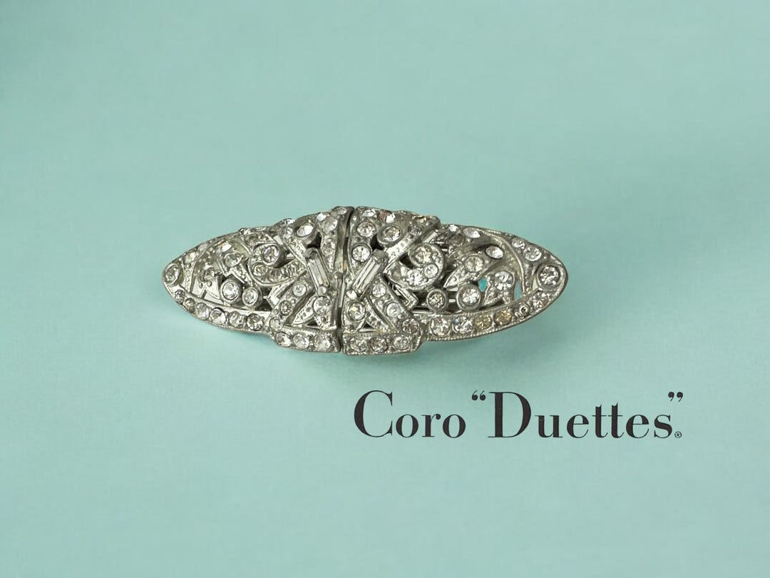 Vintage CORO Duette Brooch: 1930s, Art Deco, Dress Clips, Rhinestones ...