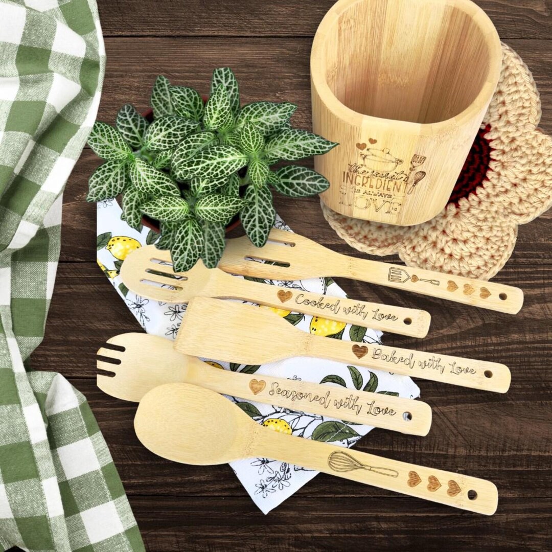 Personalized Bamboo Kitchen Utensils Set, Engraved Cooking Tools With ...