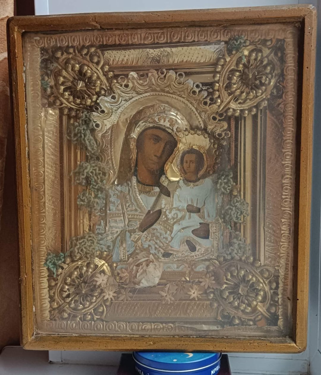 Mother Of God Antique Russian Orthodox Hand Painted Icon 19c In Wooden