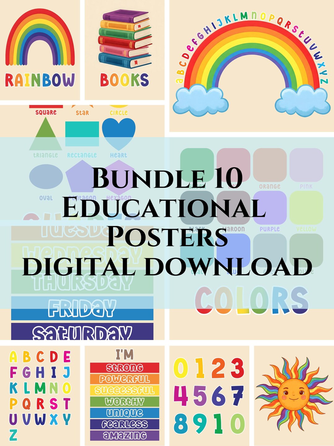 Set of 10 Educational Posters, Homeschool, Alphabet, Numbers, Shapes ...