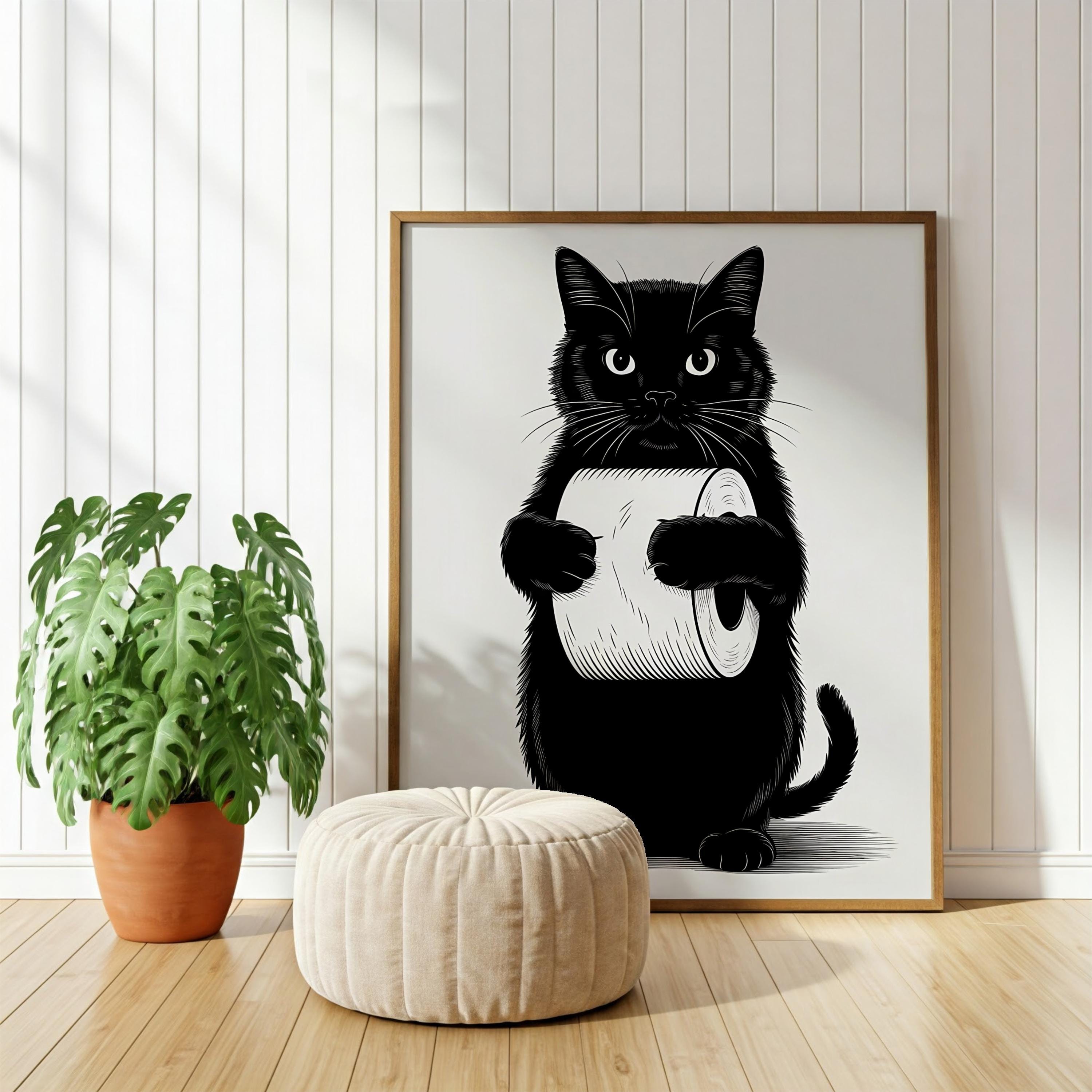 Black Cat Hugging Toilet Paper Poster Animal Bathroom Poster Cat Art ...