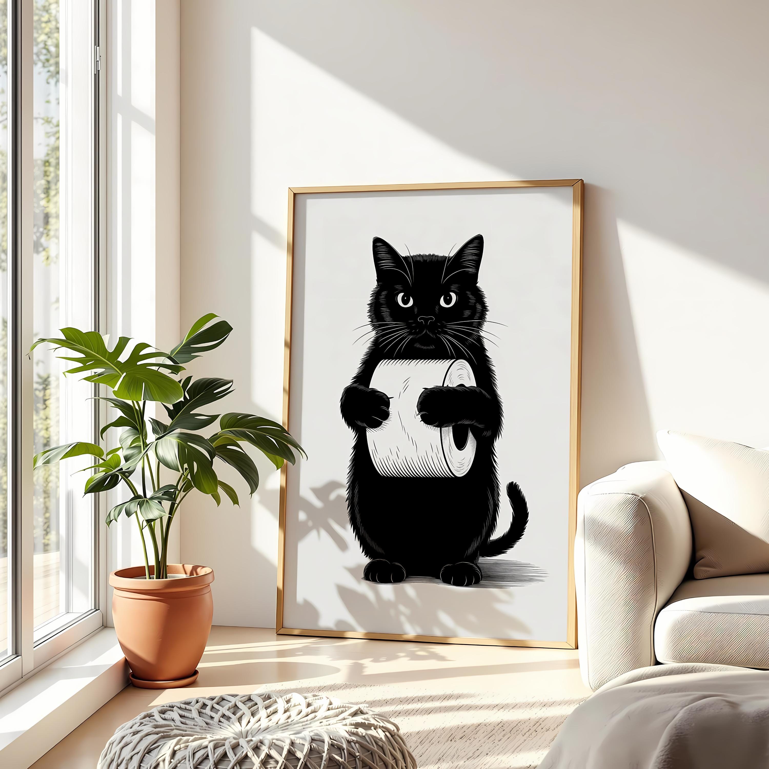 Black Cat Hugging Toilet Paper Poster Animal Bathroom Poster Cat Art ...