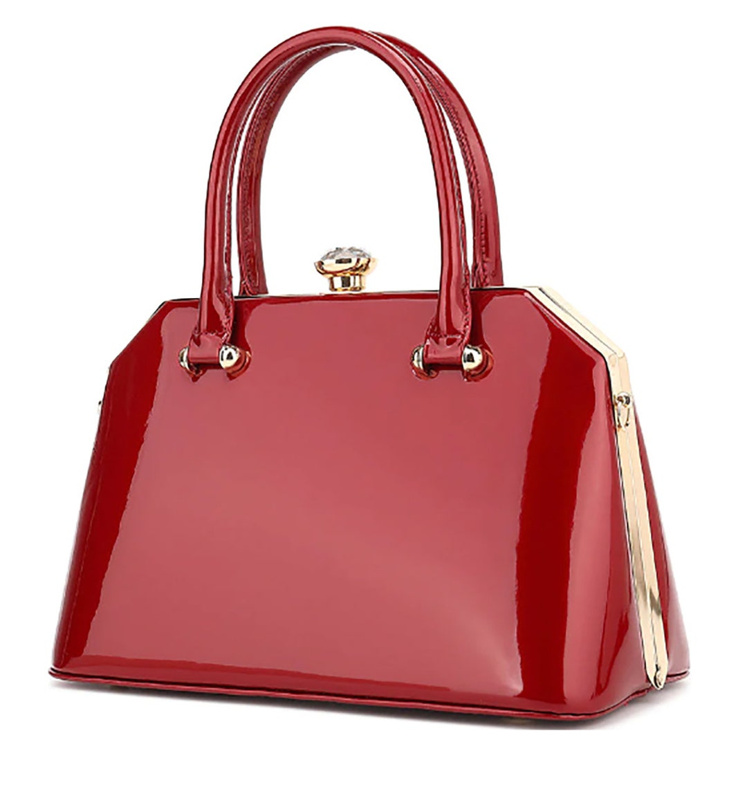 Red Paten Leather Handbag Gold Trim Rhinestone Gem Clasp Kiss Lock ...