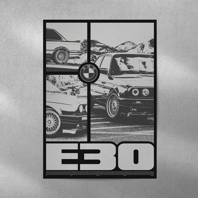 BMW E30 Vintage Poster Free Shipping Black and White Wall Art for Home ...