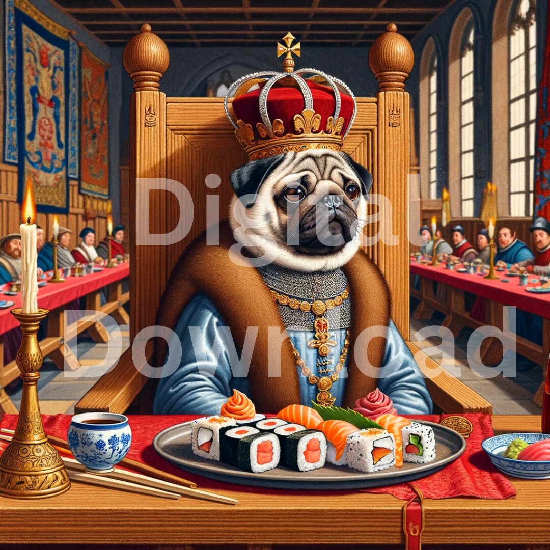 Medieval Pug Eating Sushi Digital Print, Funny Dog Wall Decor ...