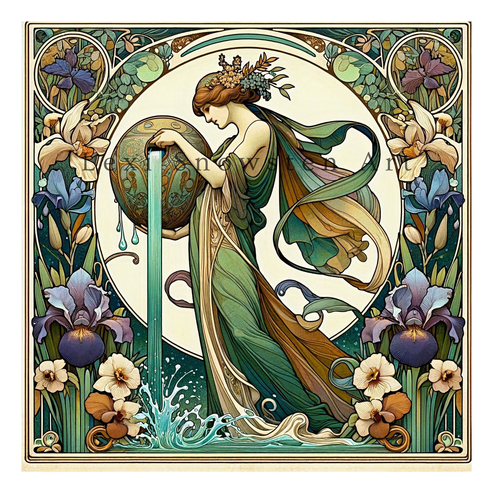 Zodiac Aquarius Art, Digital File for Download - Vintage Poster in an Alphonse Mucha Art Nouveau ...