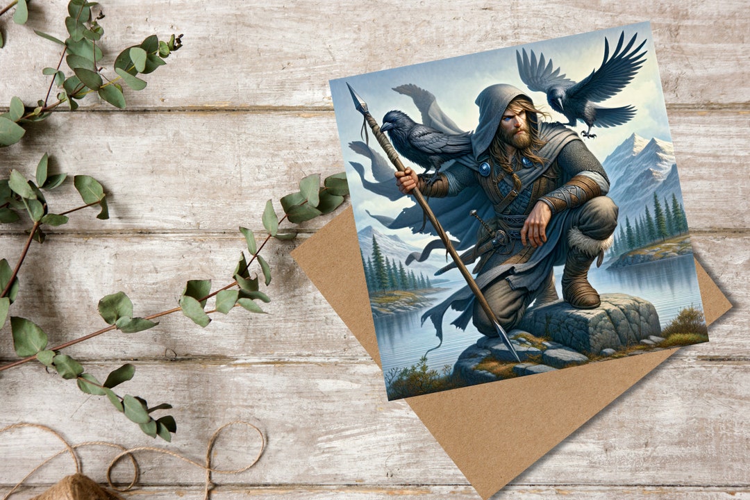 Odin Greeting Card, Norse God of Wisdom With Huginn and Muninn Greeting ...