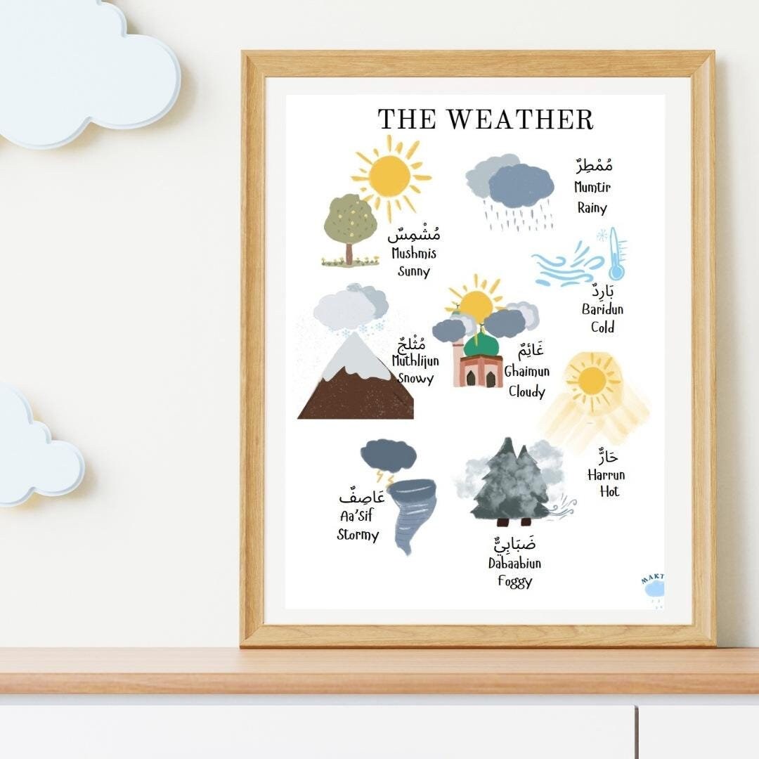 Bilingual Weather Classroom Poster arabic-english تعلم الطقس باللغتين ...