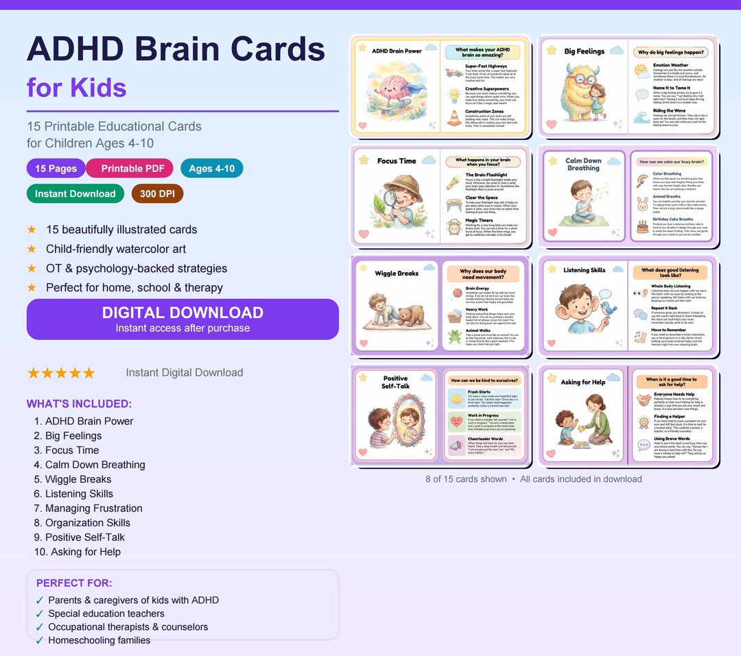 ADHD Brain Cards for Kids – 15 Printable Educational Cards | ADHD Tools ...