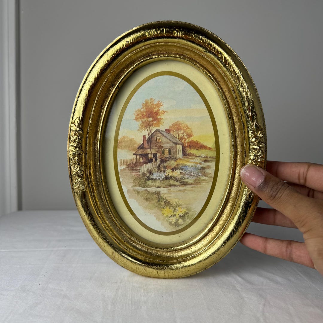 1982 Homco Country Cottage Scene Gold Framed Oval Picture - Etsy