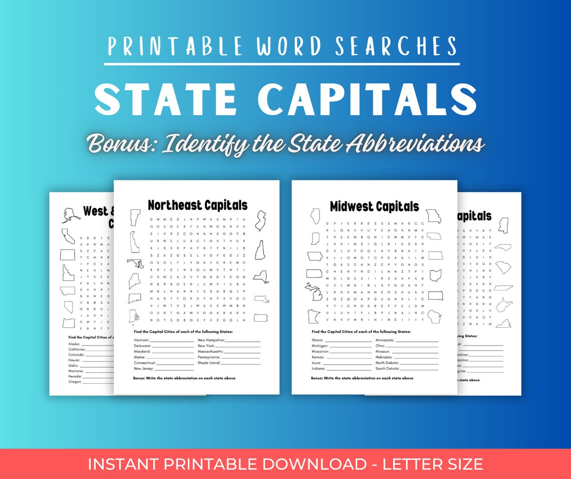 State Capitals Word Searches, Printable Puzzles - Etsy