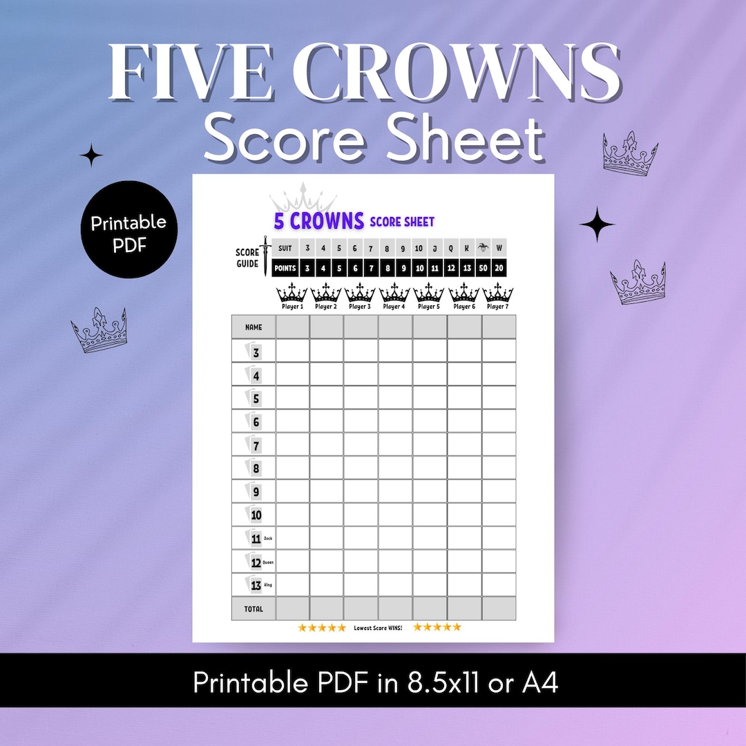 Five Crowns Score Sheet, Printable Score Sheet, Instant Download, 5 ...