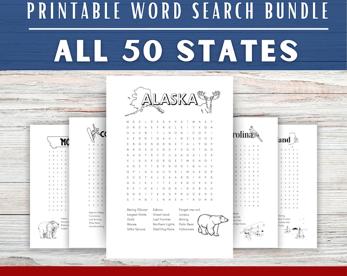 50 States Word Search Puzzles, Printable Puzzles, Word Searches, 50 ...