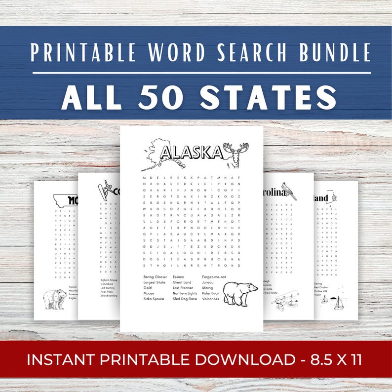 50 States Word Search Puzzles, Printable Puzzles, Word Searches, 50 ...