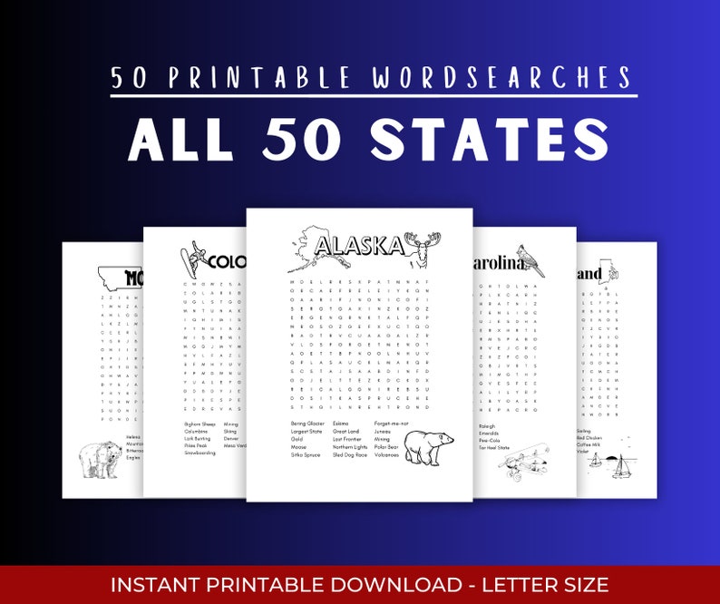 50 States Word Search Puzzles, Printable Puzzles, Word Searches - Etsy