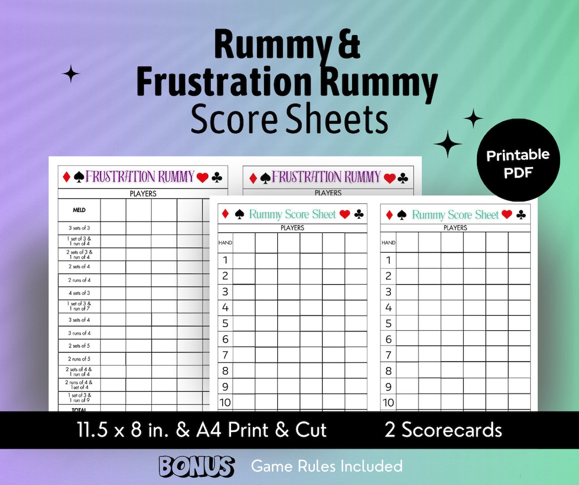 Rummy Score Sheet, Frustration Rummy Score Sheet, Printable Score Sheet ...