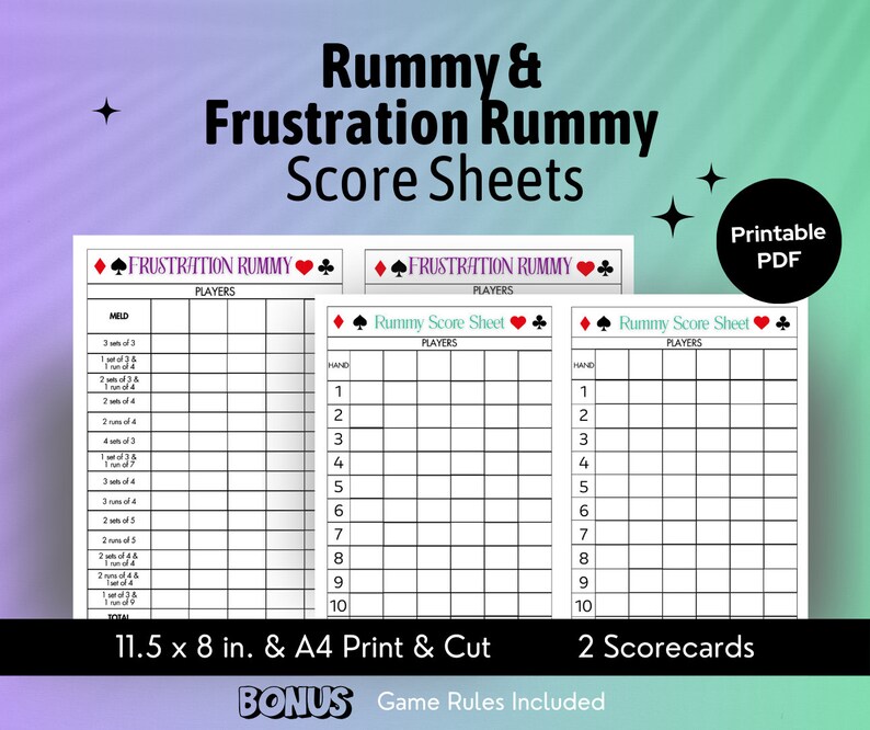 Rummy Score Sheet, Frustration Rummy Score Sheet, Printable Score Sheet ...