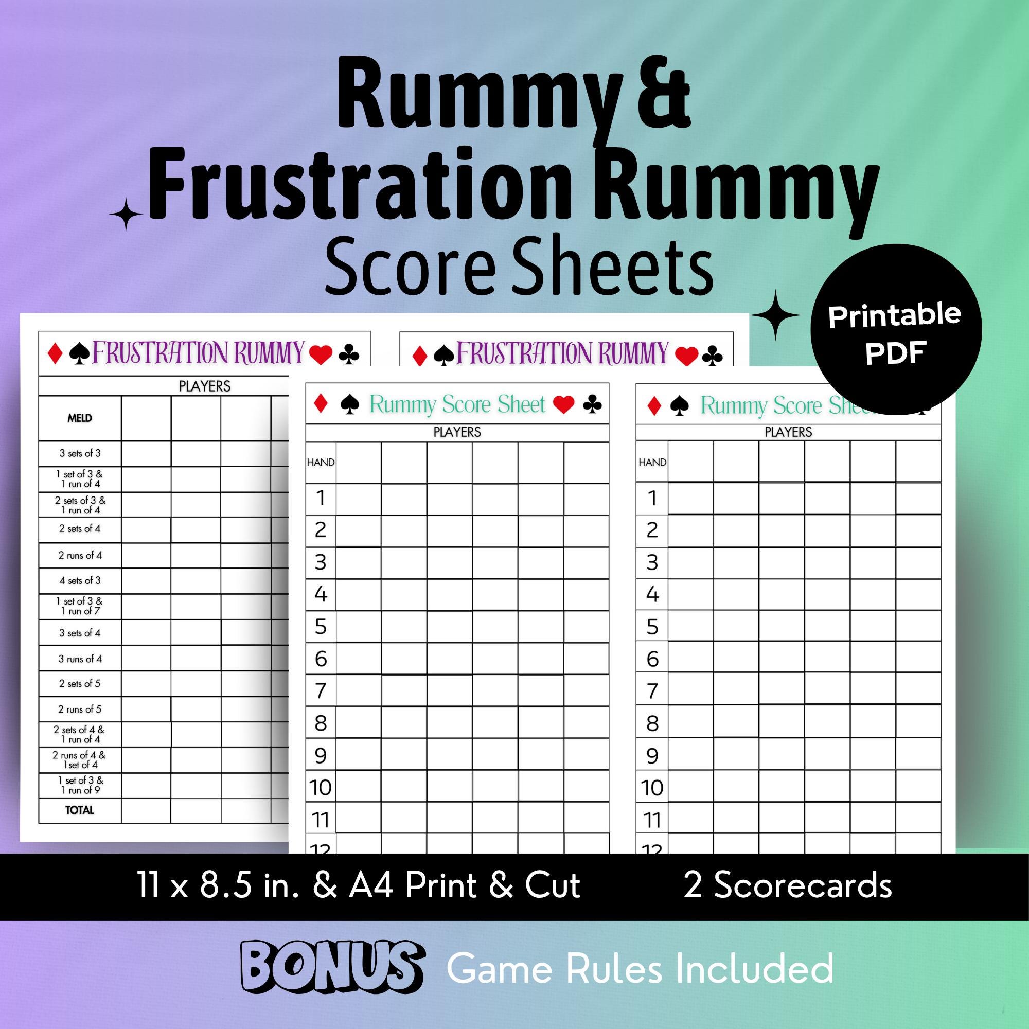 Rummy Score Sheet, Frustration Rummy Score Sheet, Printable Score Sheet ...