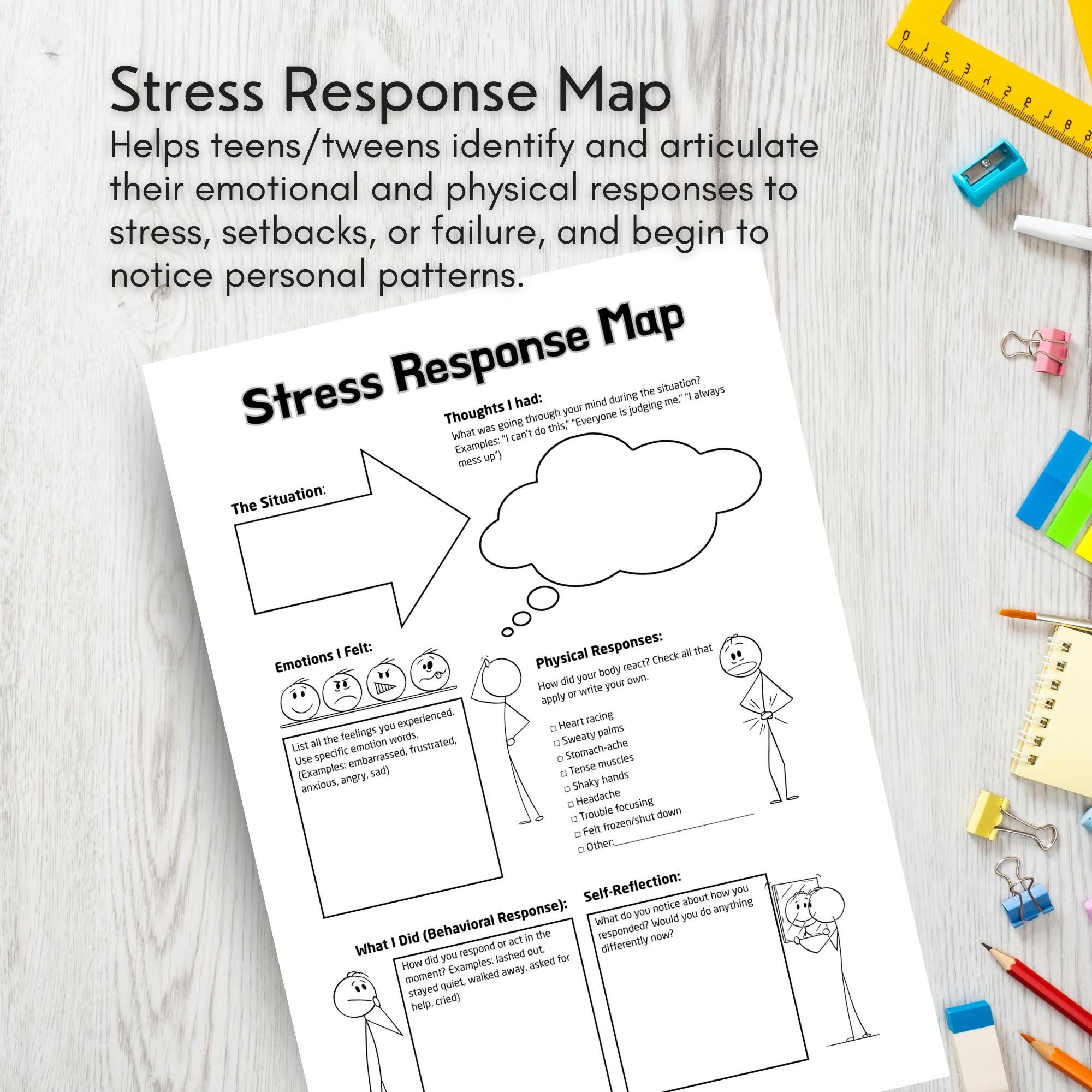 Printable Stress Response Map Worksheet for Teens and Tweens, Stress ...